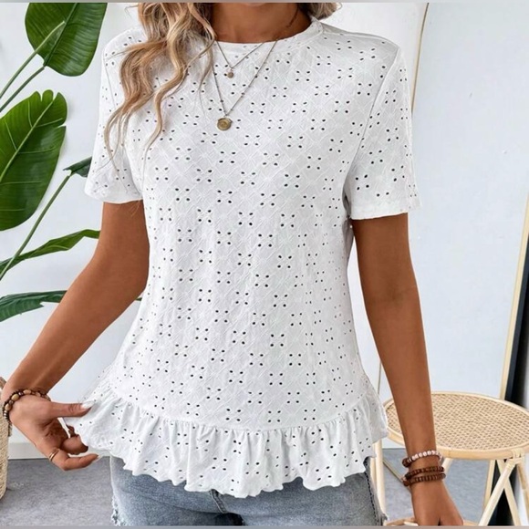 Halo & Harley | Tops | White Eyelet Ruffle Hem Top | Poshmark